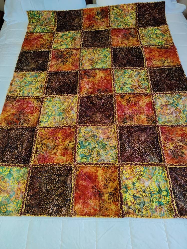 Handmade Batik Rag Quilt, Earth Tone Flannel Blanket (61x43) - Etsy