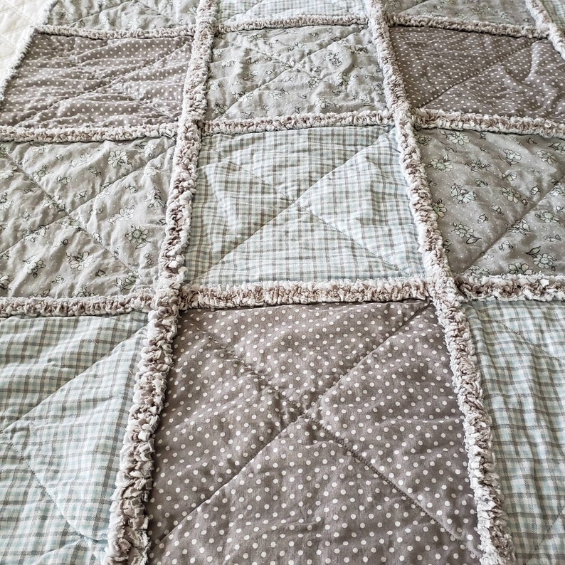 Gray and Teal Rag Quilt/gray Flannel Blanket/floral Rag | Etsy