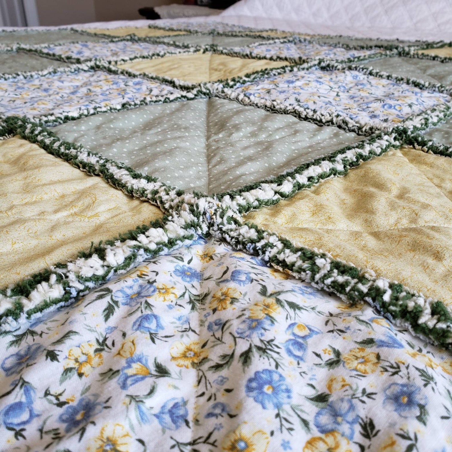 Soft green yellow and floral Rag Quilt/green and yellow lap | Etsy