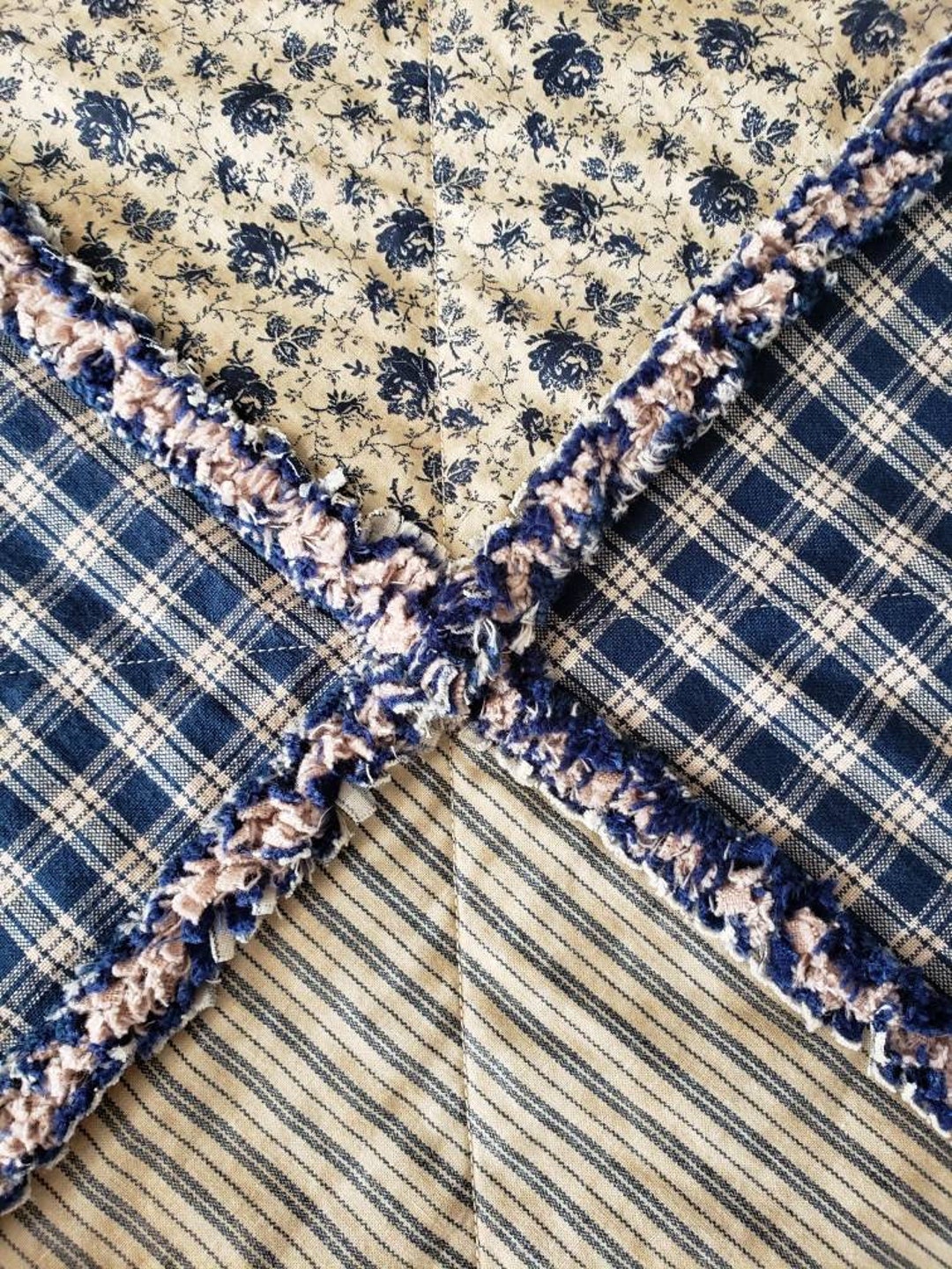 Vintage Style Blue Rag Quilt/navy and Tan Quilt/navy Blue Rag/rag Quilt ...