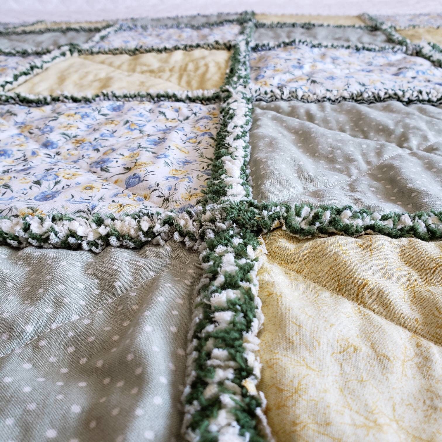 Soft green yellow and floral Rag Quilt/green and yellow lap | Etsy