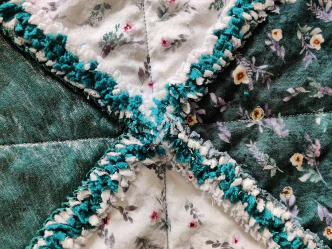 Teal Floral Rag Quilt/green Rag Quilt/floral Rag Quilt/white and Green ...