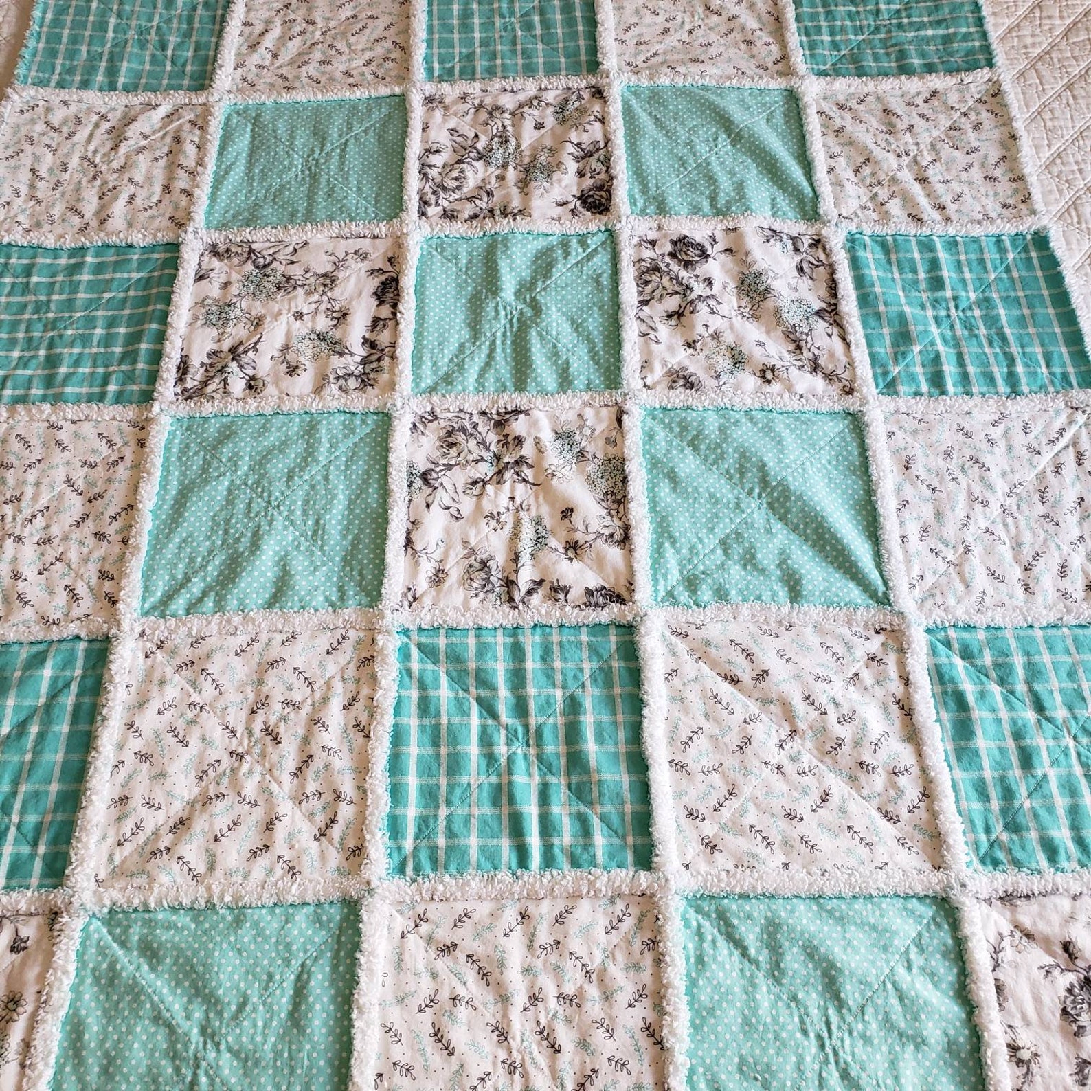 Handmade Teal Floral Rag Quilt: Soft Cotton Flannel (63x44) - Etsy