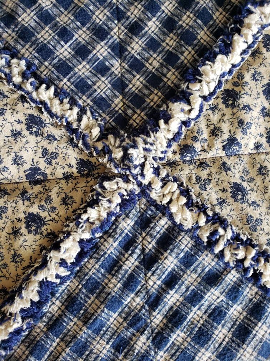 Blue Country Rag Quilt: Handmade Cotton Floral & Plaid Throw (52x42) - Etsy