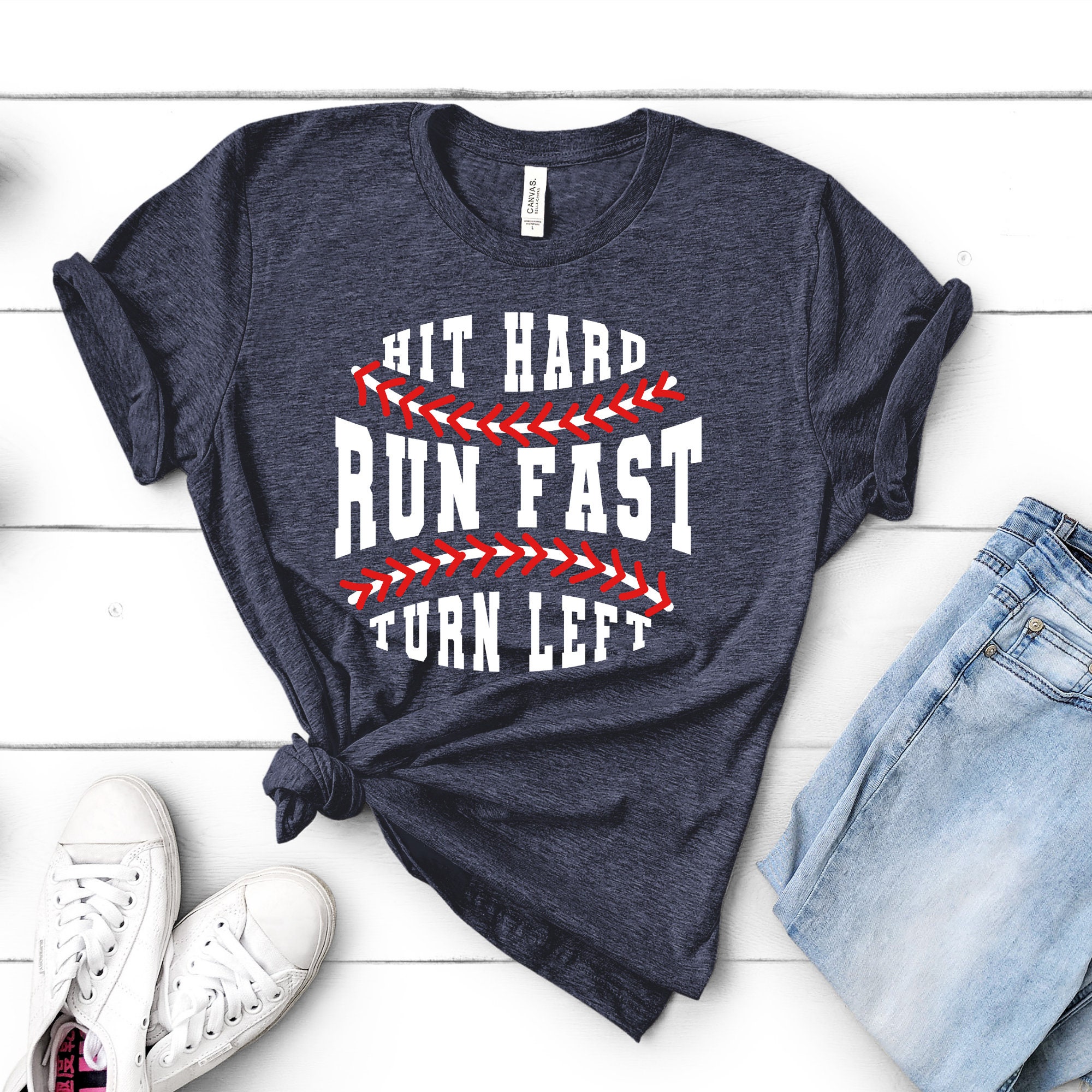 Hit Hard Run Fast Turn Left T-shirt, Funny Baseball Softball Tshirt ...