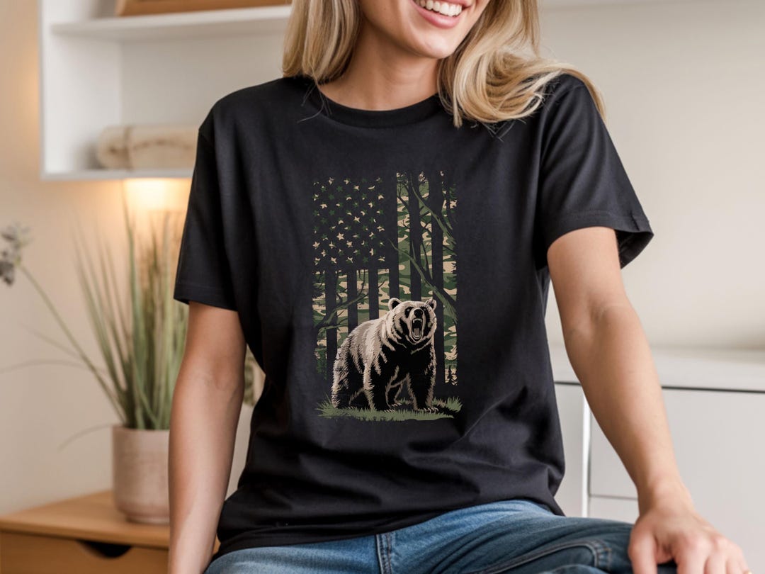 Roaring Bear American Flag T-shirt – Patriotic Wildlife Shirt – Grizzly ...