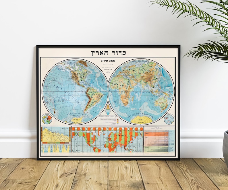 Vintage World Map Educational Print - Classic Earth Globe Illustration ...