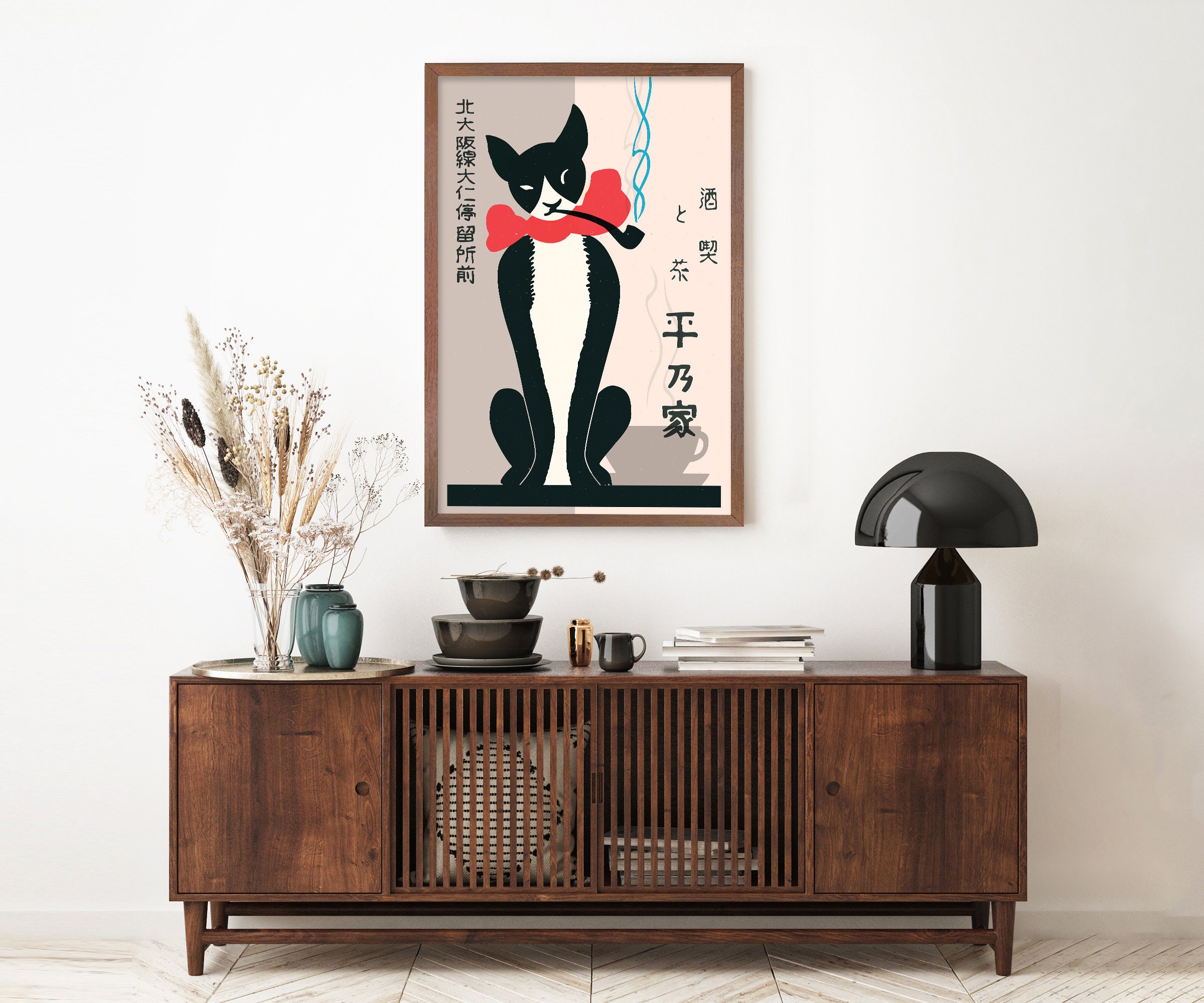 Vintage Japanese Matchbox Art Print - Whimsical Cat With Pipe in Bold ...