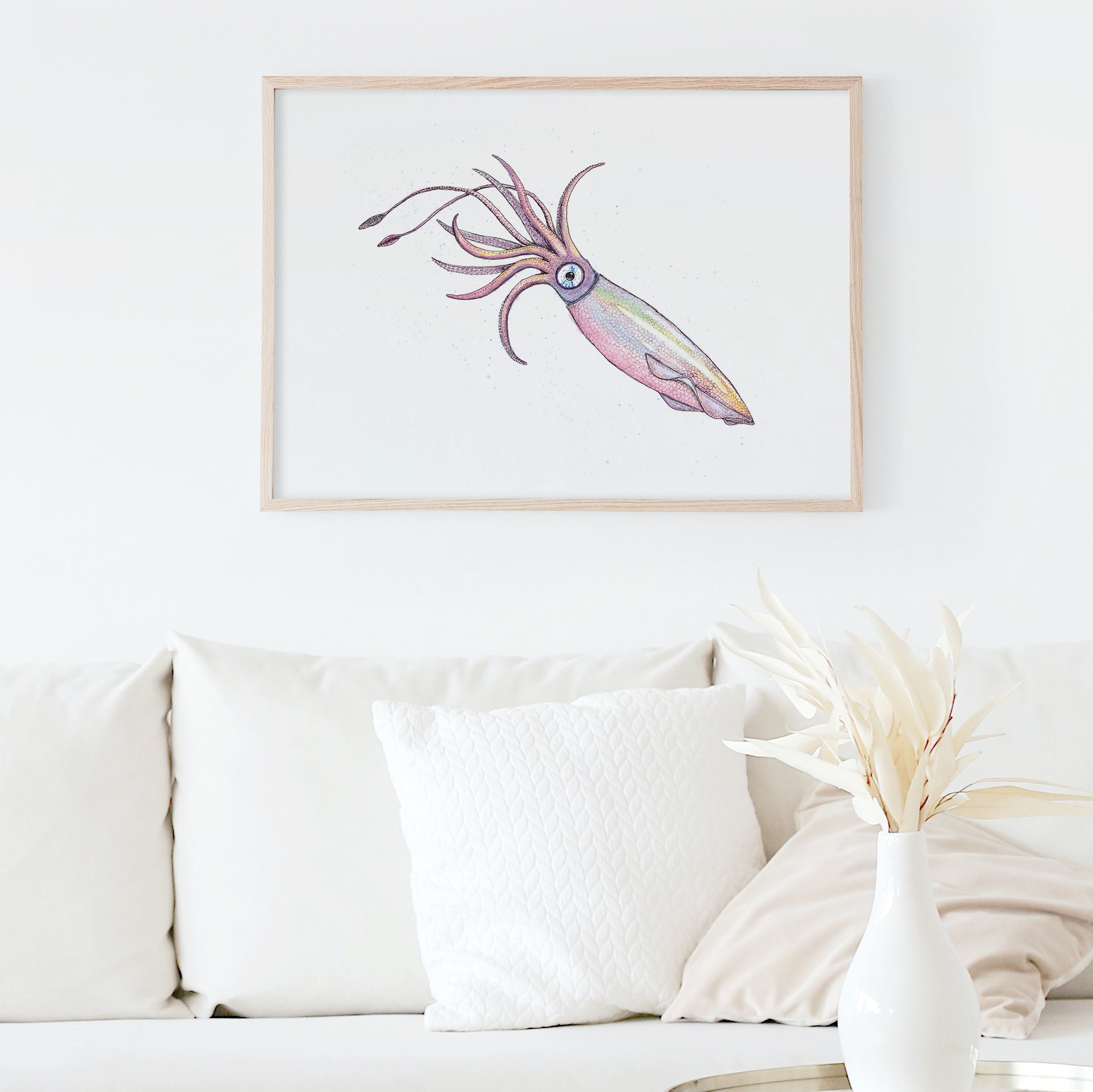Nautical Rainbow Squid Watercolor Downloadable Printable Coastal Beach ...