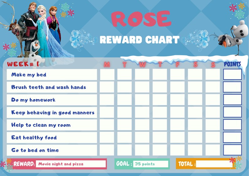 Frozen, Olaf, Elsa, Anna, Sven, Kristoff, Chore Chart, Reward Chart - Etsy