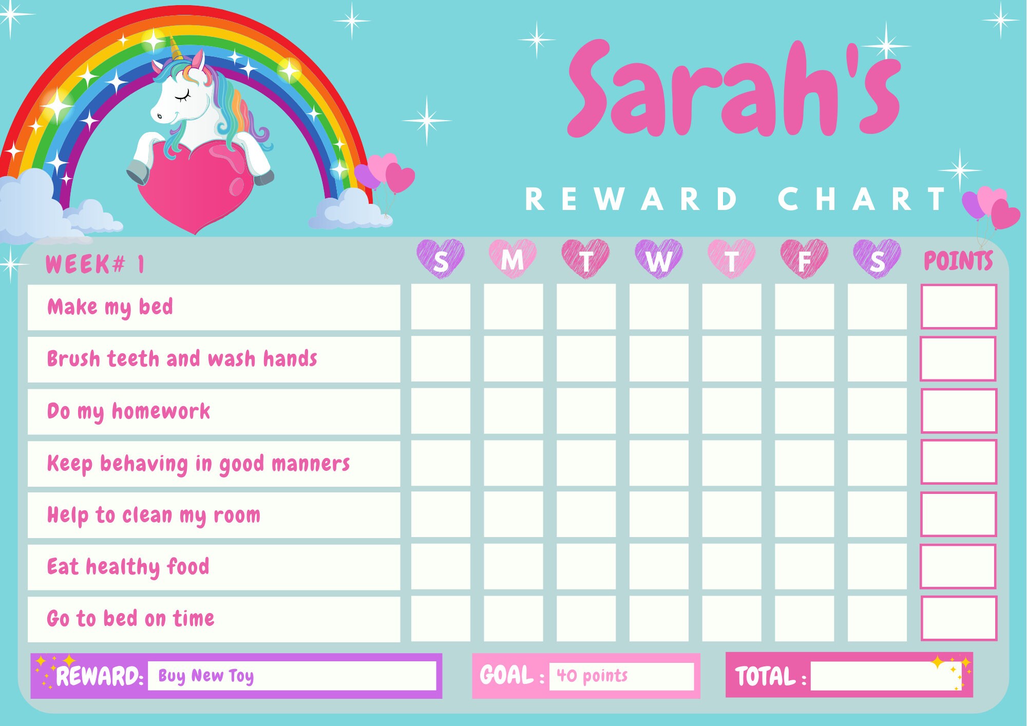 Rainbow Unicorn Chore Chart, Behavior Chart, Printable Digital Template ...