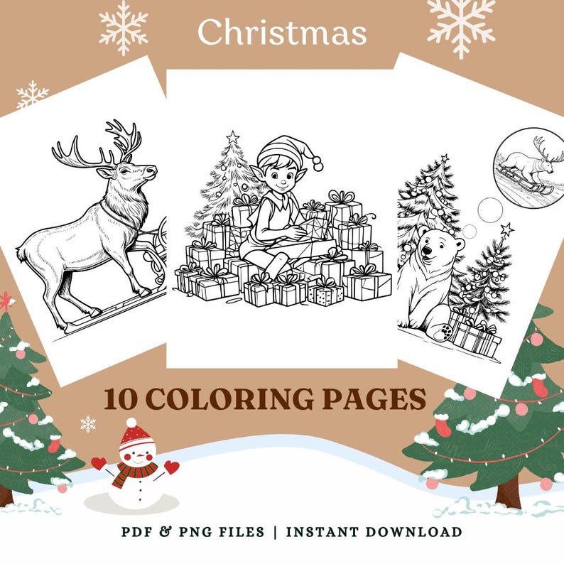 10 Christmas Coloring Pages, Printable Coloring Pages, Instant Download ...