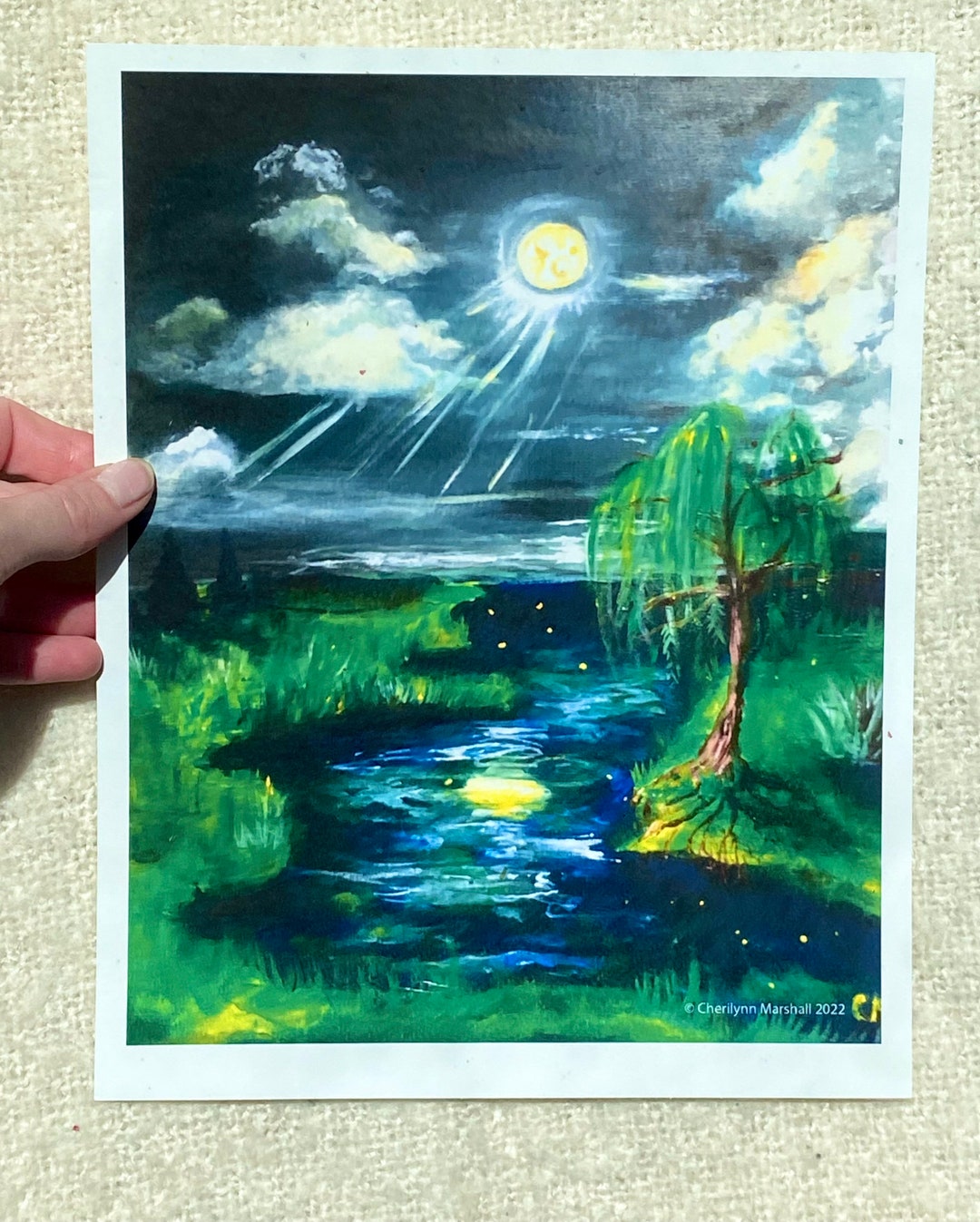 Swamp Painting Art Print Acrylic Paint Marsh Moon Willow Tree Artist ...