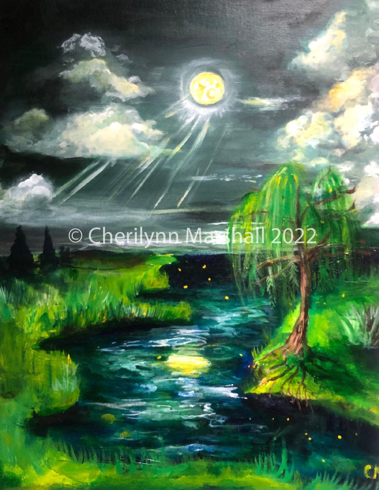 Swamp Painting Art Print Acrylic Paint Marsh Moon Willow Tree Artist ...