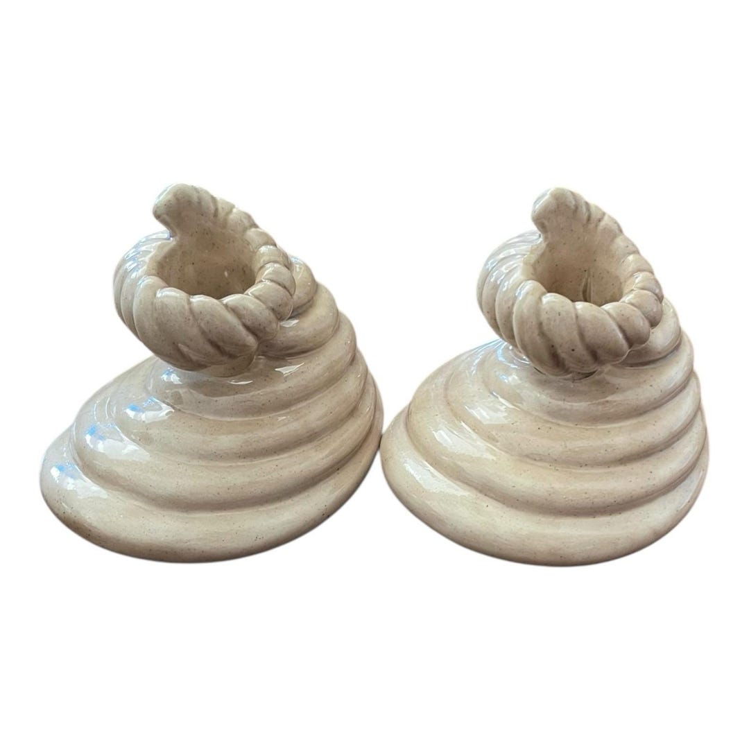 1981 Studio Pottery Ram Horn Ceramic Beige Candelabra 3.5" Tall Candle ...