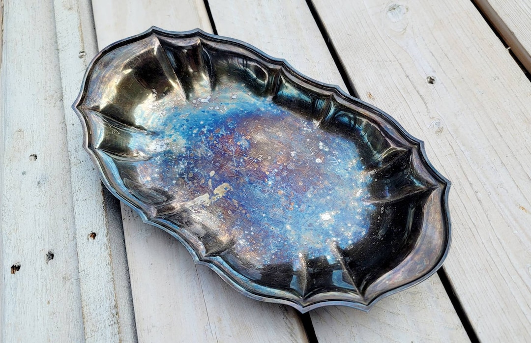 Antique Silver Patina Discolored Beautiful Oval Ornate Metal Serving ...