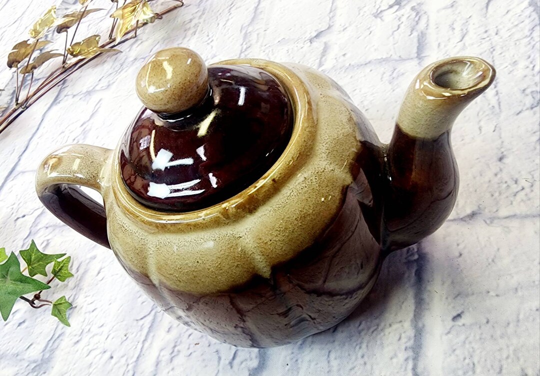 Vintage Brown Dip Glaze Country Teapot Antique Ceramic Round Autumn ...