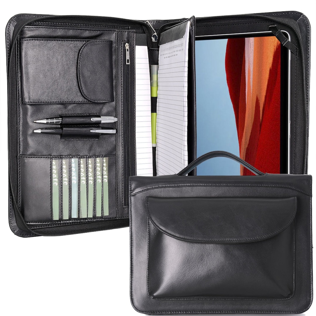 Leather Organizer Padfolio With Handle and Pocket, Zipper Leather ...
