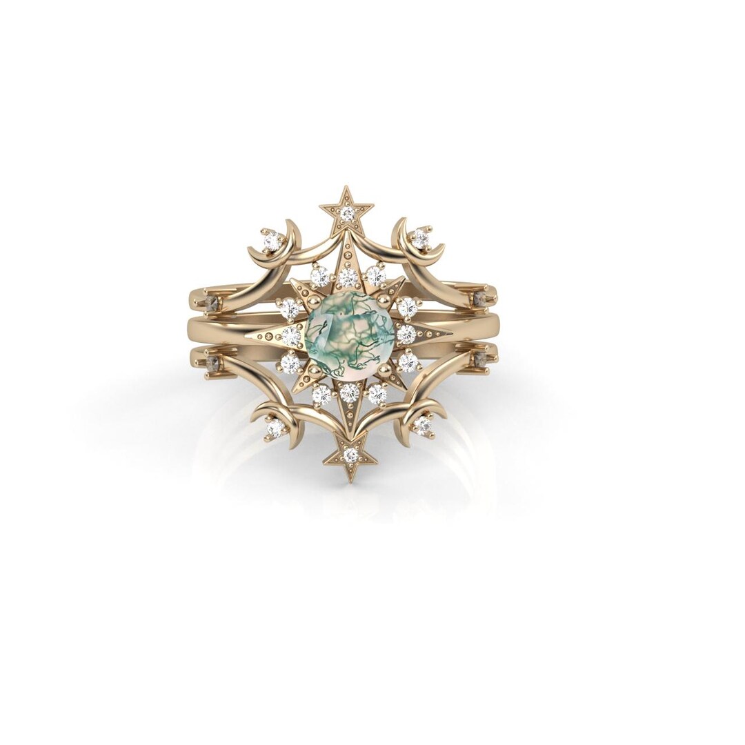 Moss Agate Engagement Ring Set: Celestial Moon & Star 14K Gold Bands - Etsy