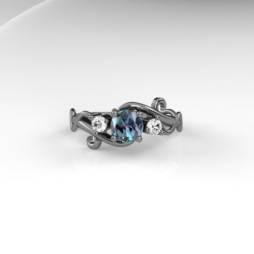 Gothic Alexandrite Ring, Black Gold Engagement Ring, Three Stone Ring ...