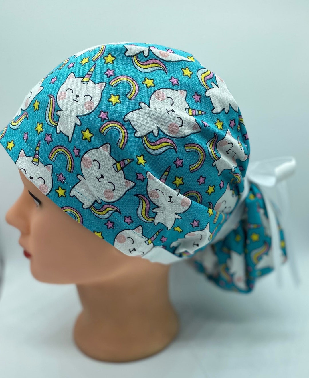 Rainbow Kitty Euro Scrub Cap, Blue Bonnet Scrub Cap With Buttons, Nurse ...