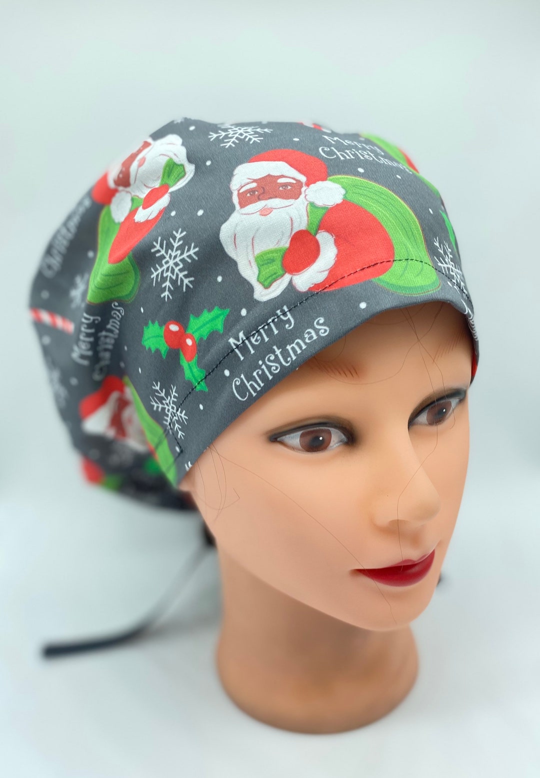 Christmas Euro Santa Scrub Cap With Buttons, African American Santa ...