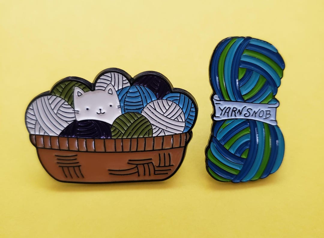 Yarn Snob Pin & Basket of Yarn With White Cat Pin - Etsy