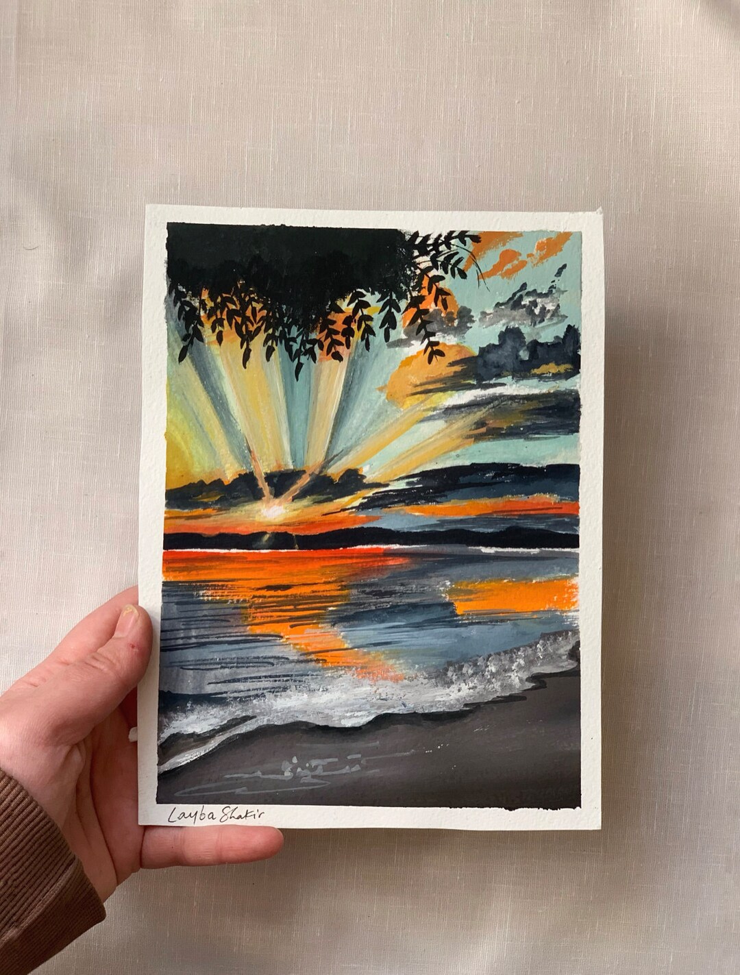 Original Gouache Painting, Sunset, Beach, Seascape Painting on A5 Sheet ...