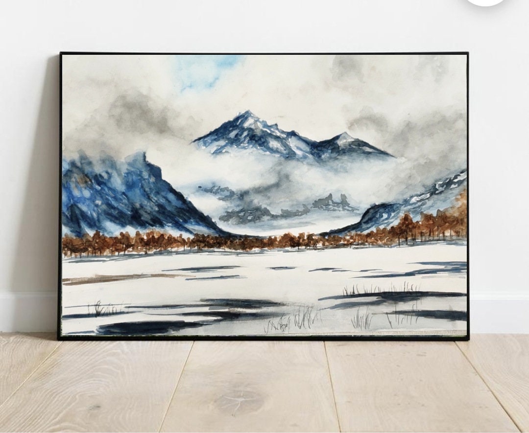 Snowy Mountains Painting Original Watercolor Winter Landscape Painting ...