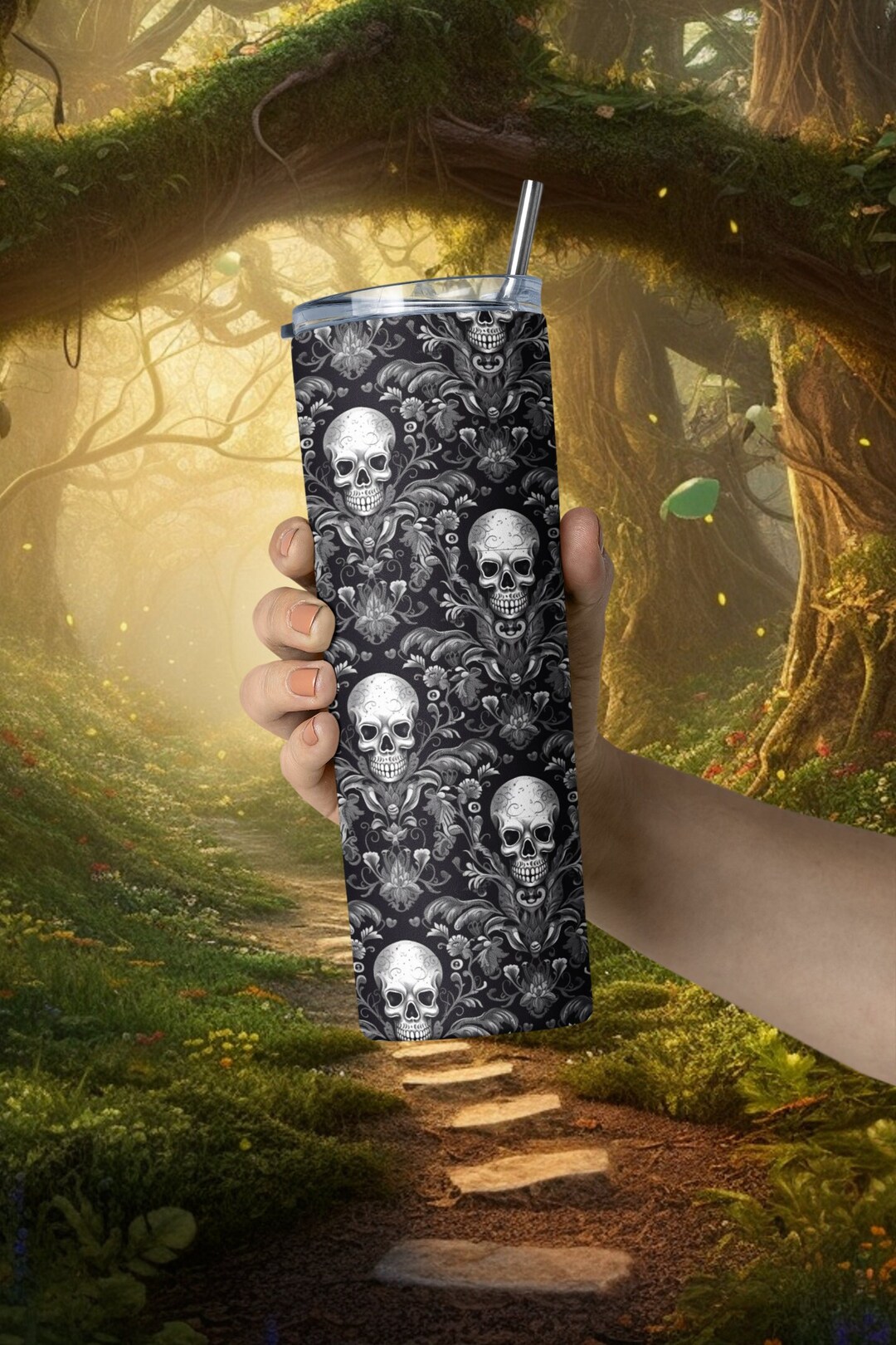 Gothic Tumbler 20 Oz. Dark Academia, Skulls Damask Cup, Gothic ...