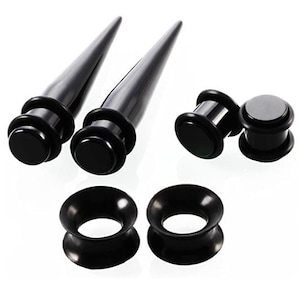 Black Ear Stretching Kit Acrylic Tapers With Plugs Set Eyelet Silicone ...