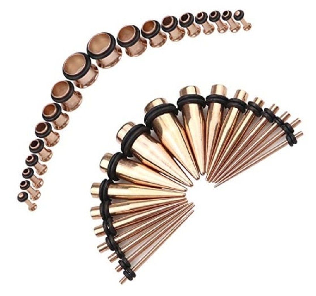Ear Stretching Kit Rose Gold Surgical Steel Tapers & Plugs Set Eyelet ...