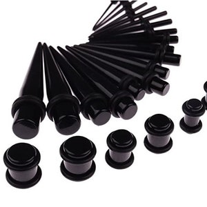 Black Ear Stretching Kit Acrylic Tapers With Plugs Set Eyelet Silicone ...