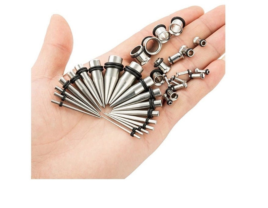 Silver Ear Stretching Kit Stainless Steel Tapers With Plugs Set Eyelet ...