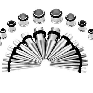 Silver Ear Stretching Kit Stainless Steel Tapers With Plugs Set Eyelet ...