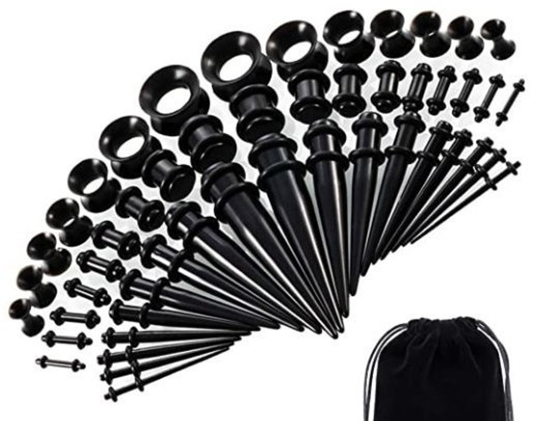 Black Ear Stretching Kit Acrylic Tapers With Plugs Set Eyelet Silicone ...