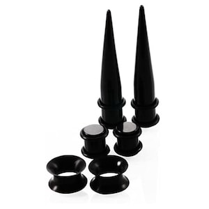 Black Ear Stretching Kit Acrylic Tapers With Plugs Set Eyelet Silicone ...