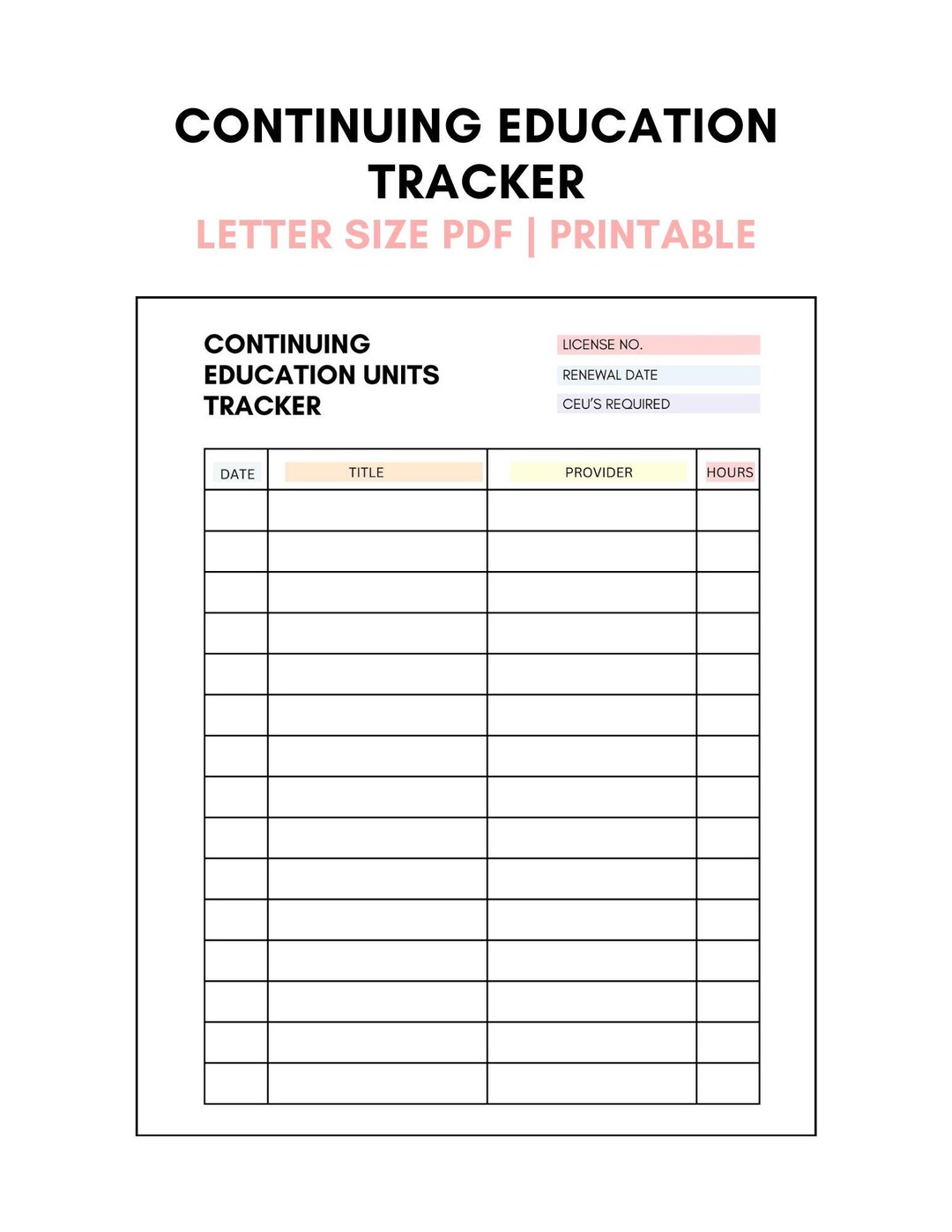 Printable CEU Tracker | Instant Download | Continuing Education Log ...