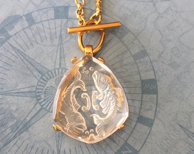 PISCES Rare Vintage German Intaglio Glass Zodiac Carved Glass Pendant ...