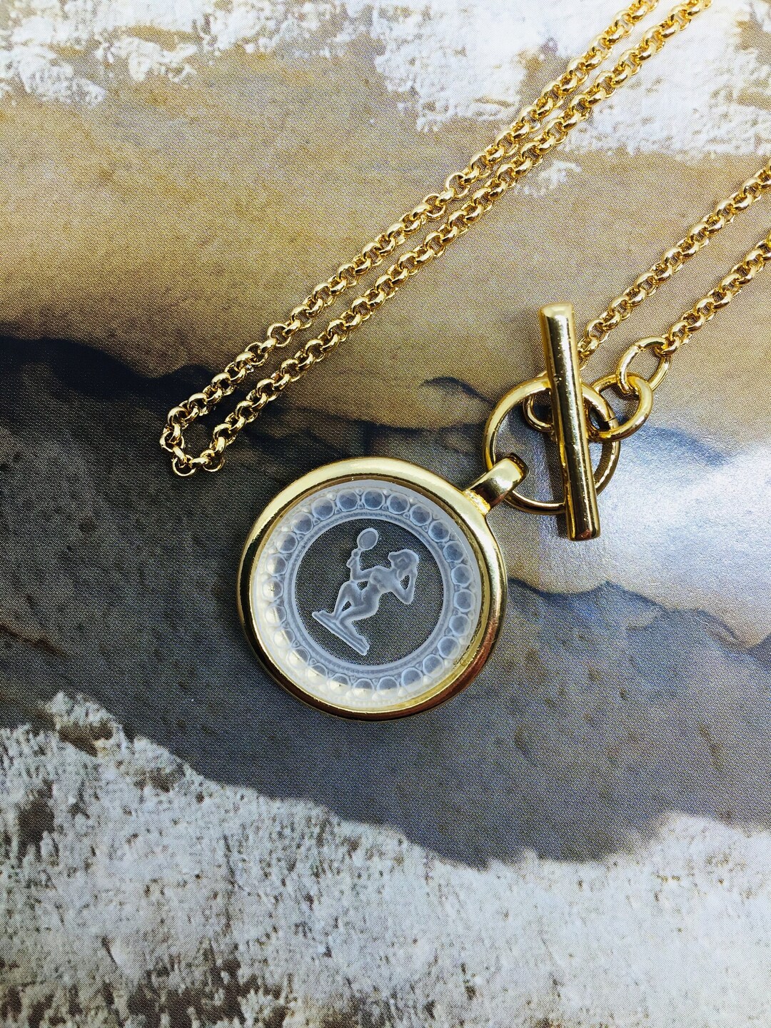 VIRGO Intaglio, Zodiac, Carved Glass Vintage Pendant, 22mm, 14K Gold or ...