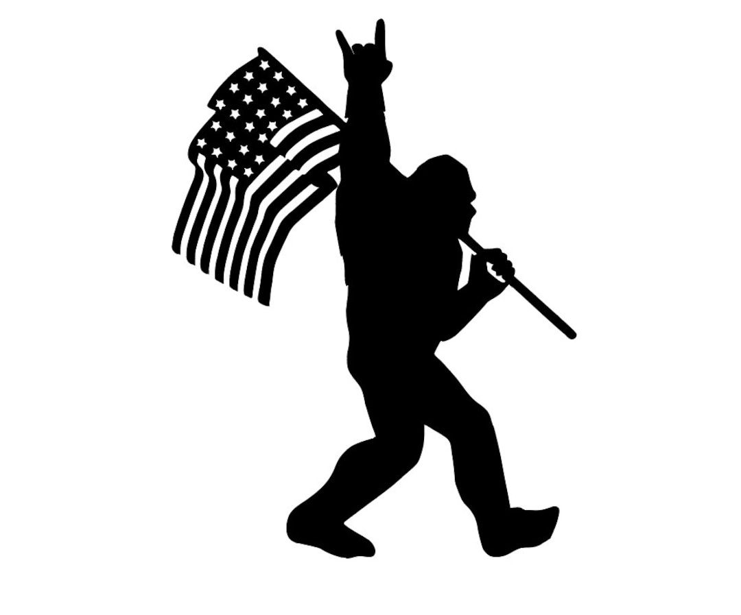 Sasquatch Bigfoot Rock on Flag Funny Diecut Vinyl Window Decal Sticker ...