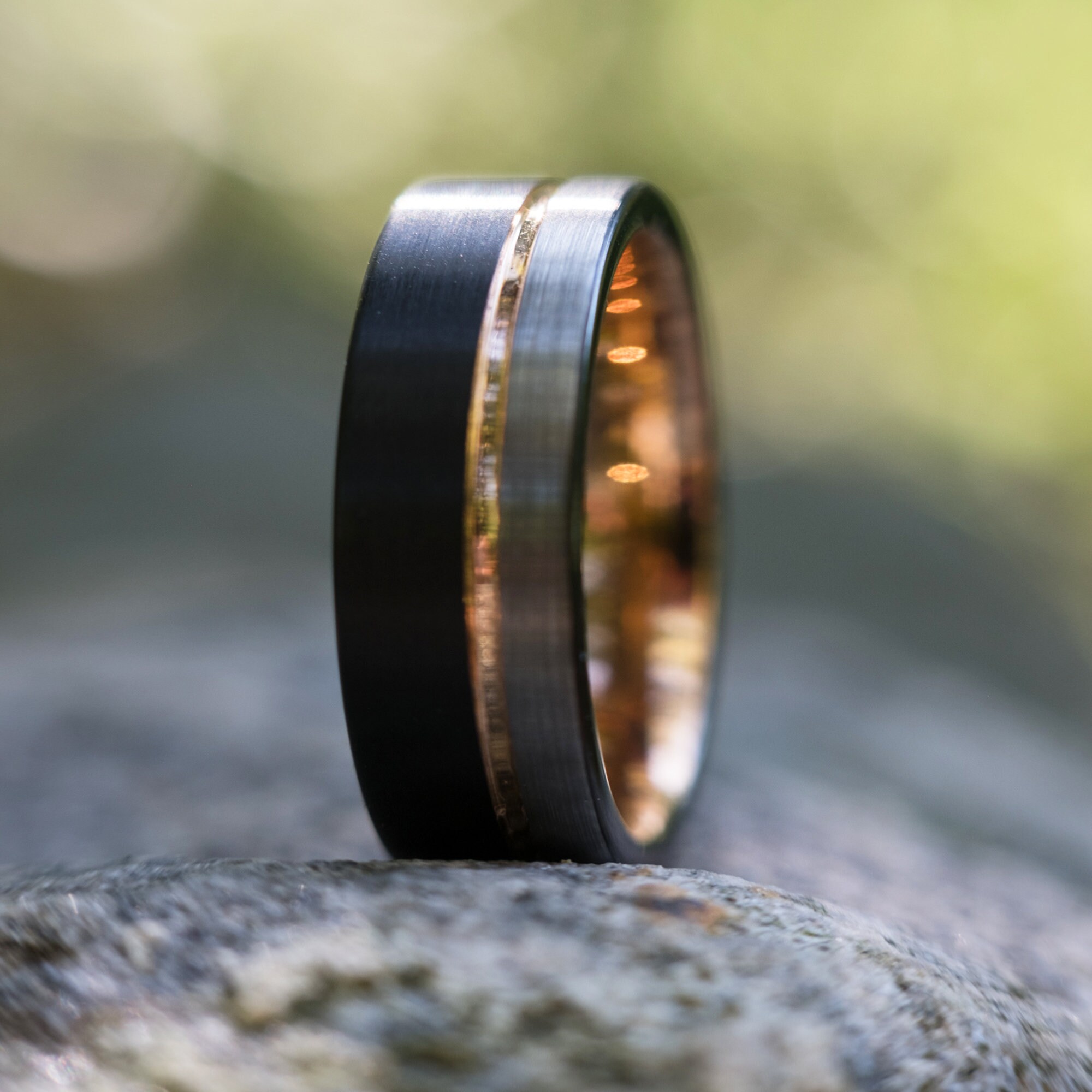 Tungsten Ring Brushed Black and Silver With Rose Gold Accent - Etsy