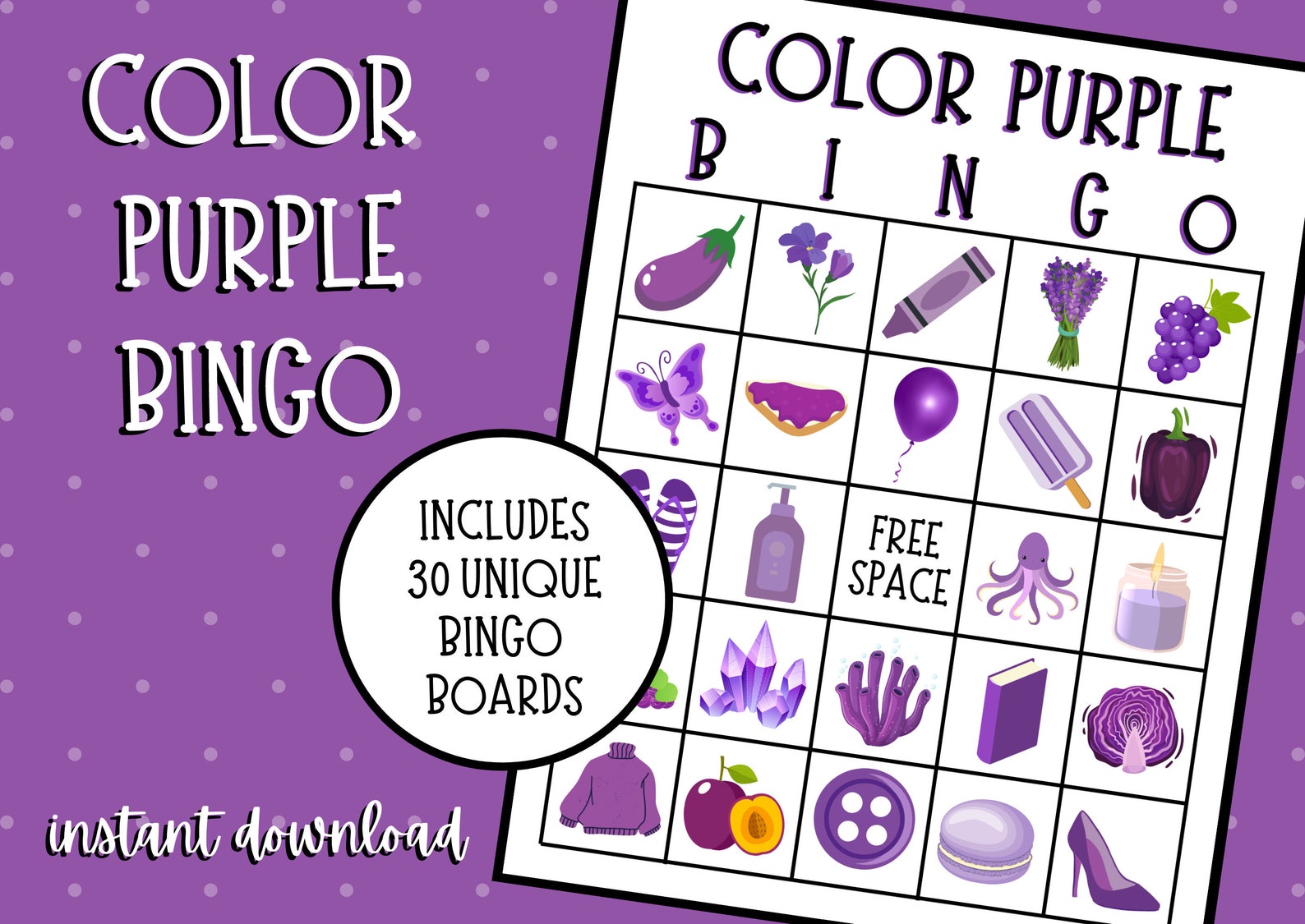 Purple Bingo Color Purple Bingo Colors Bingo Learning - Etsy