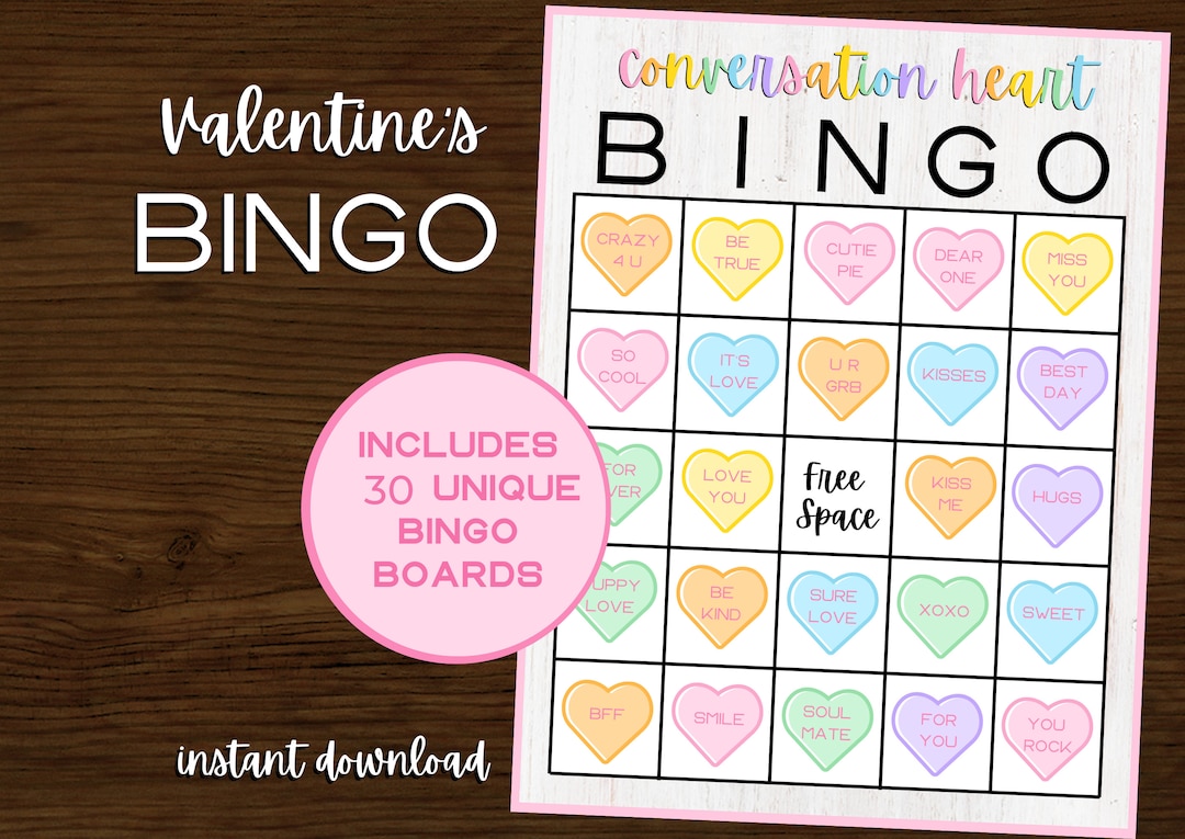 Conversation Heart Bingo Valentine's Bingo Valentine's Game Digital ...