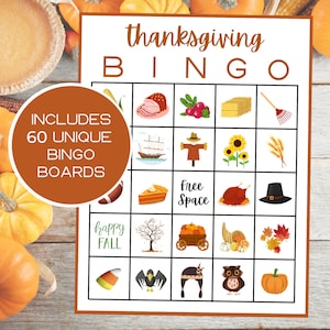Thanksgiving Bingo | 60 Unique Boards | Thanksgiving Games | Digital ...
