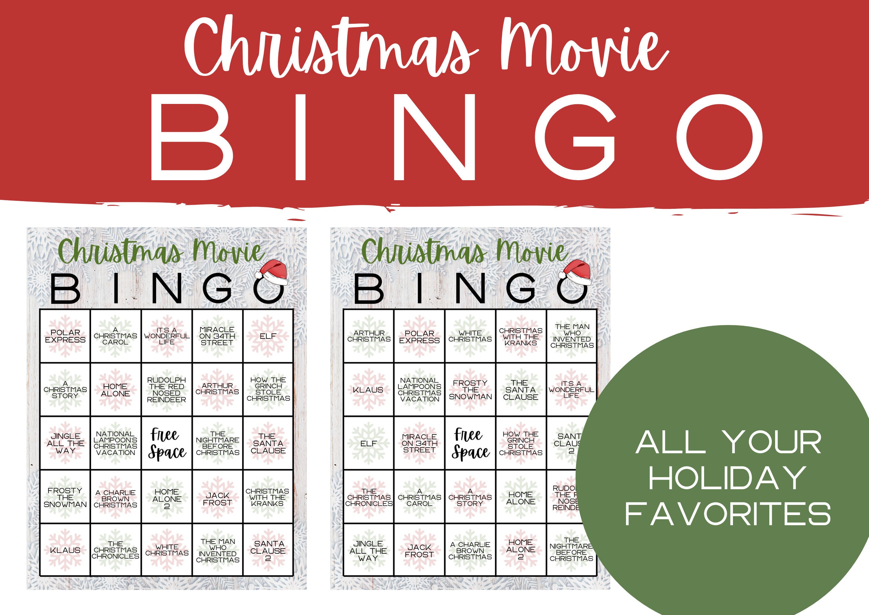 Christmas Movie Bingo Christmas Bingo Cards Classic | Etsy