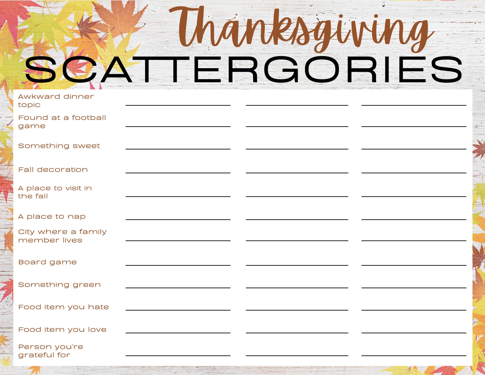 Thanksgiving Scattergories Thanksgiving Party Game Fall | Etsy