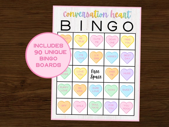 Conversation Heart Bingo Printable Valentine's Day Heart Bingo For
