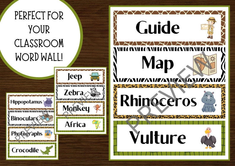 Safari Word Wall Safari Vocabulary Cards Instant Download - Etsy