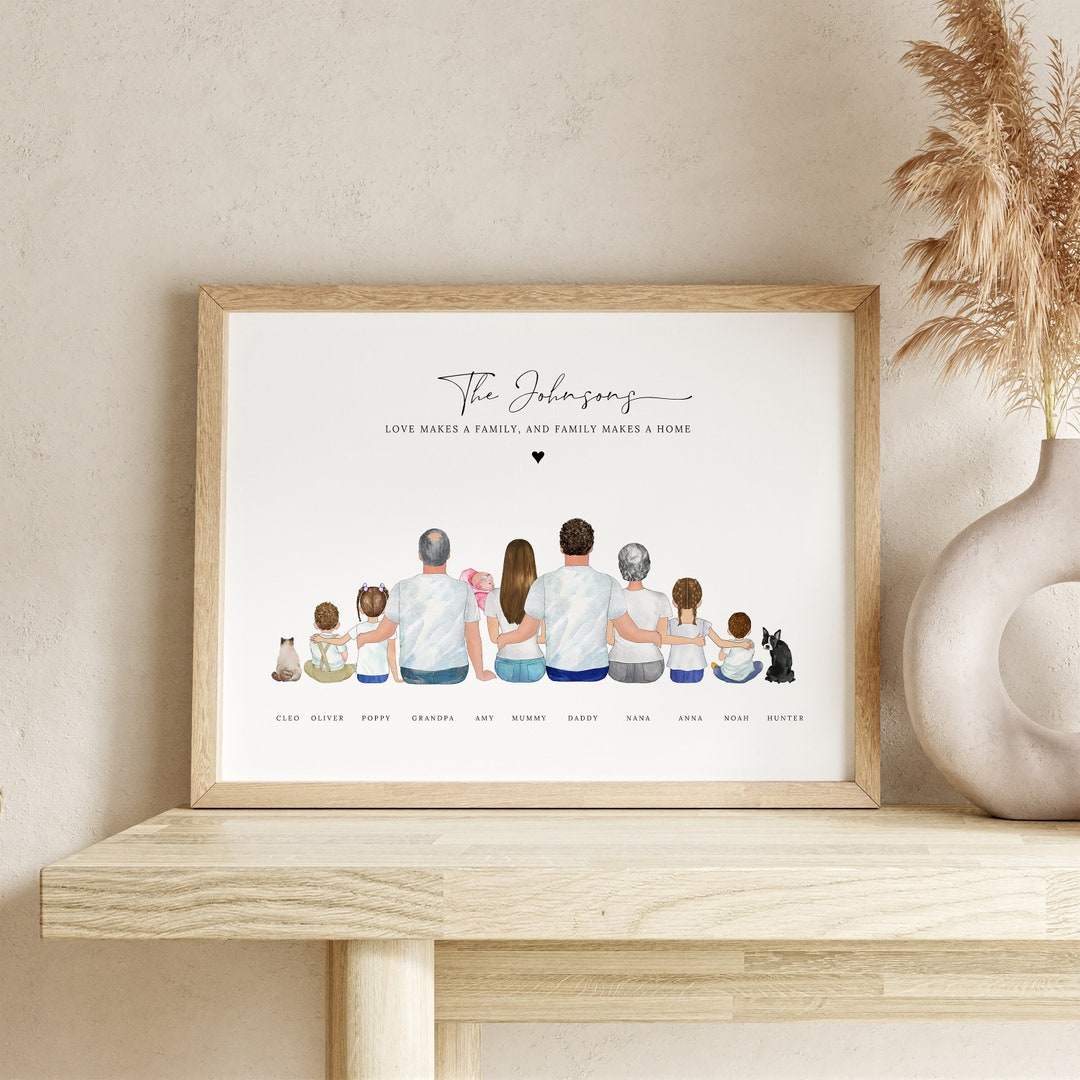 Personalized Family Print, Custom Family Portrait With Pet, Family ...
